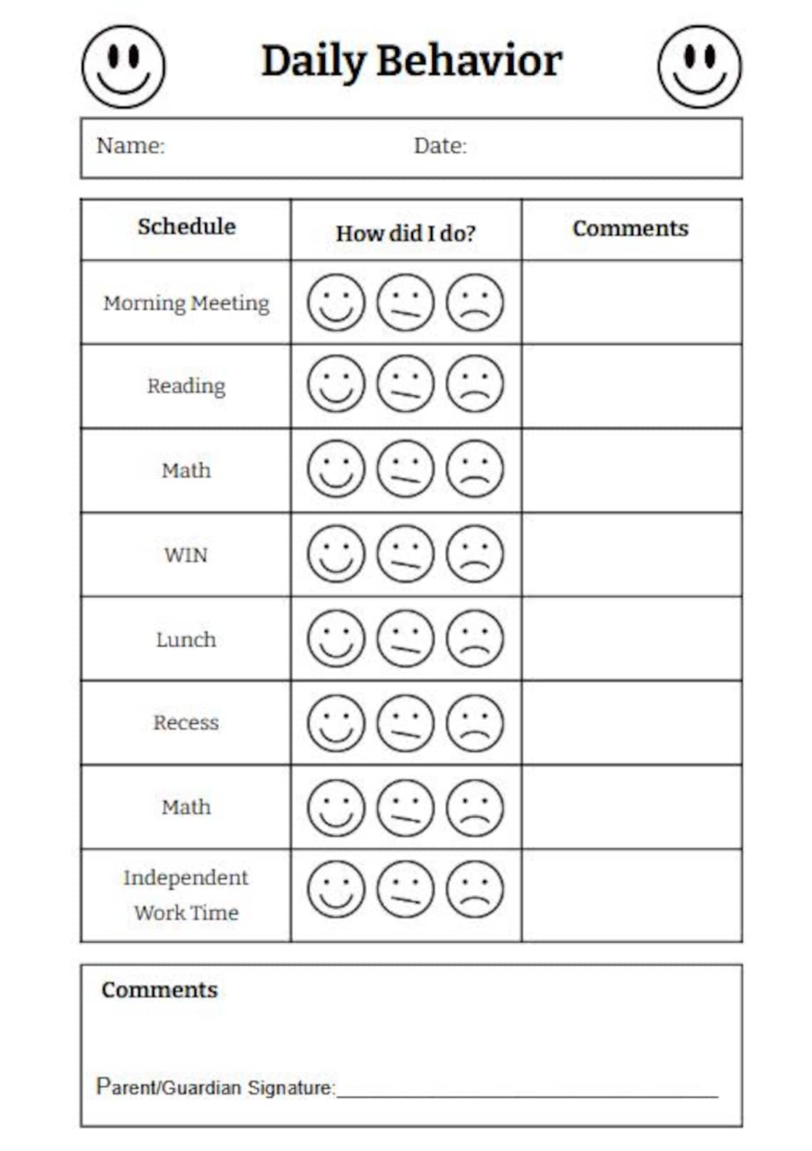 Editable Daily Behavior Chart for Classroom Home 16 Templates ...