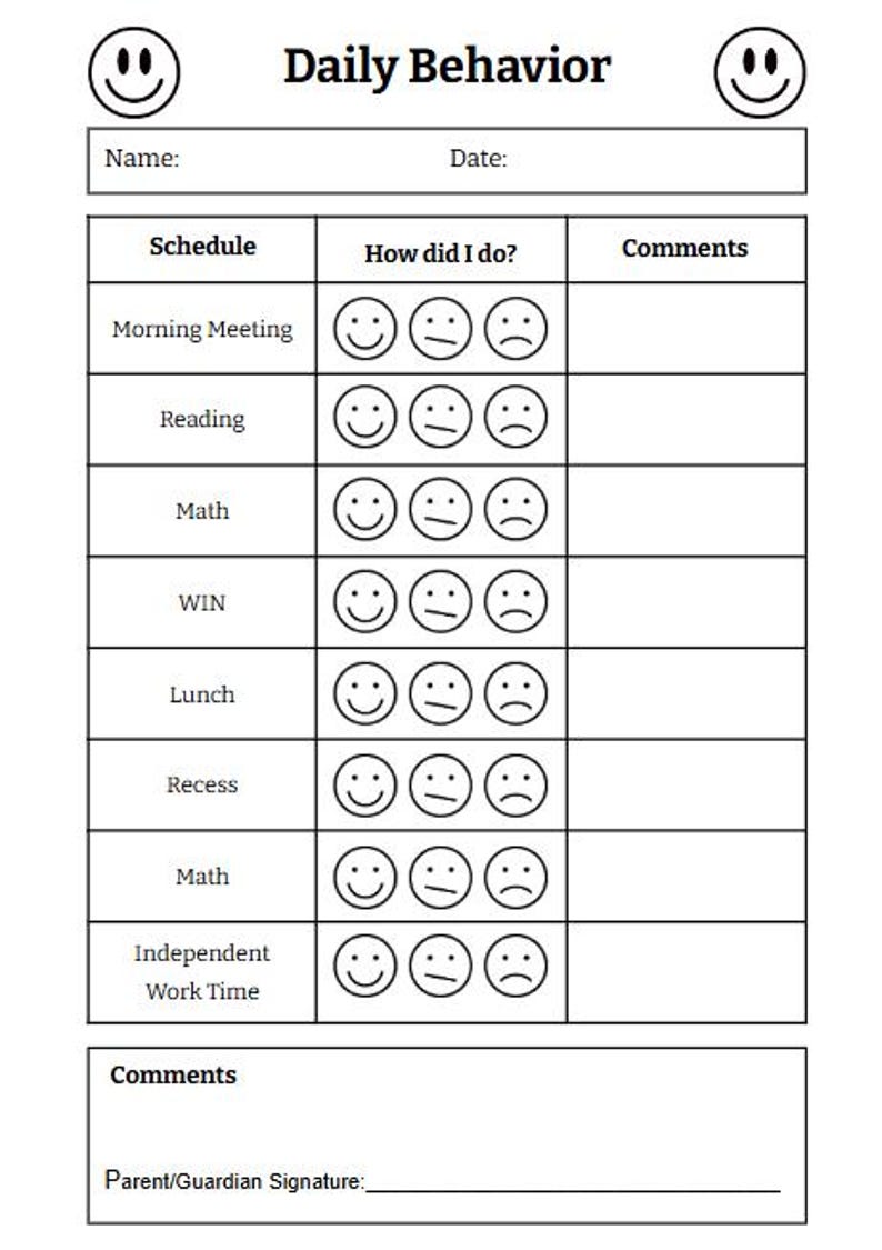 Editable Daily Behavior Chart for Classroom Home 16 Templates ...