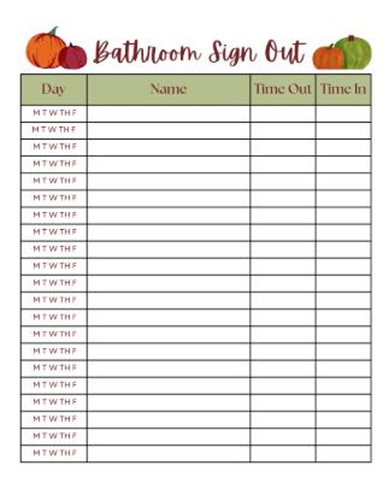 Seasonal Themed Bathroom Sign Out and in Sheets 11 Styles Printable PDF ...