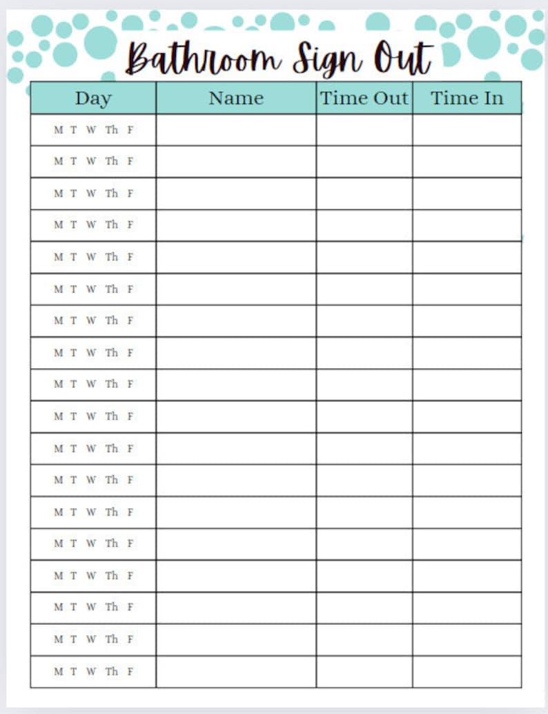 Bathroom Sign-out Sheets 13 Styles Printable PDF Classroom Management ...