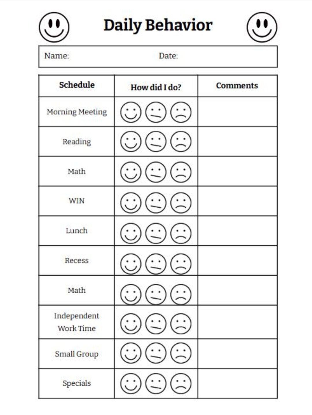 Editable Daily Behavior Chart for Classroom Home 16 Templates ...