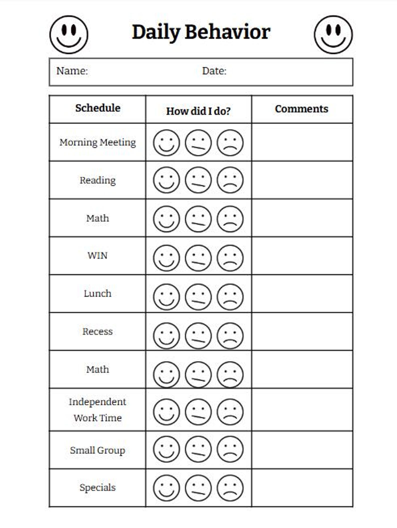 Editable Daily Behavior Chart for Classroom Home 16 Templates ...