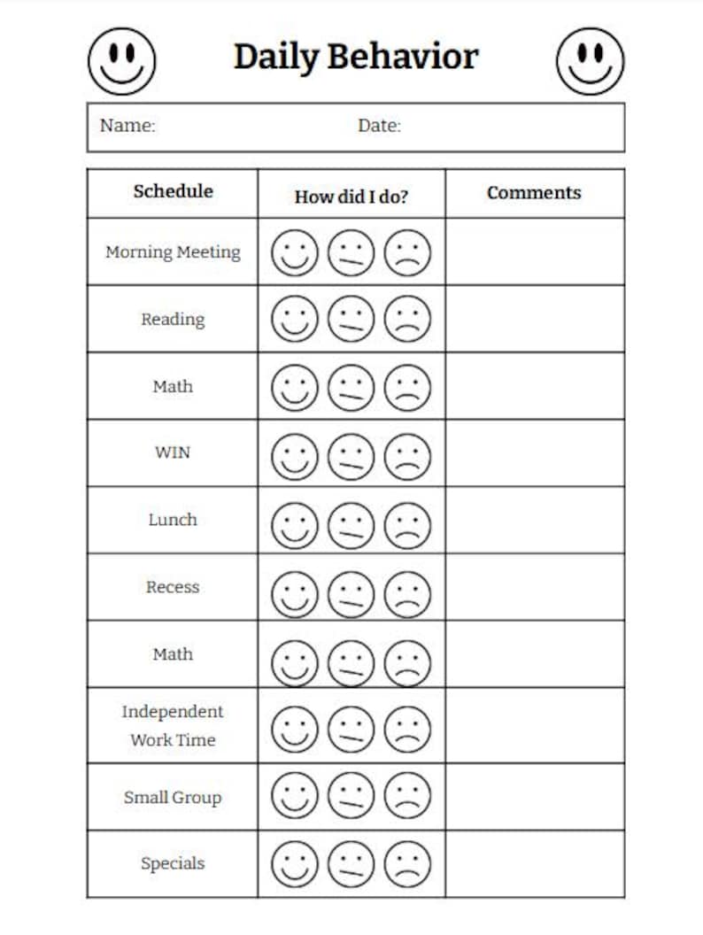 Editable Daily Behavior Chart for Classroom Home 16 Templates ...