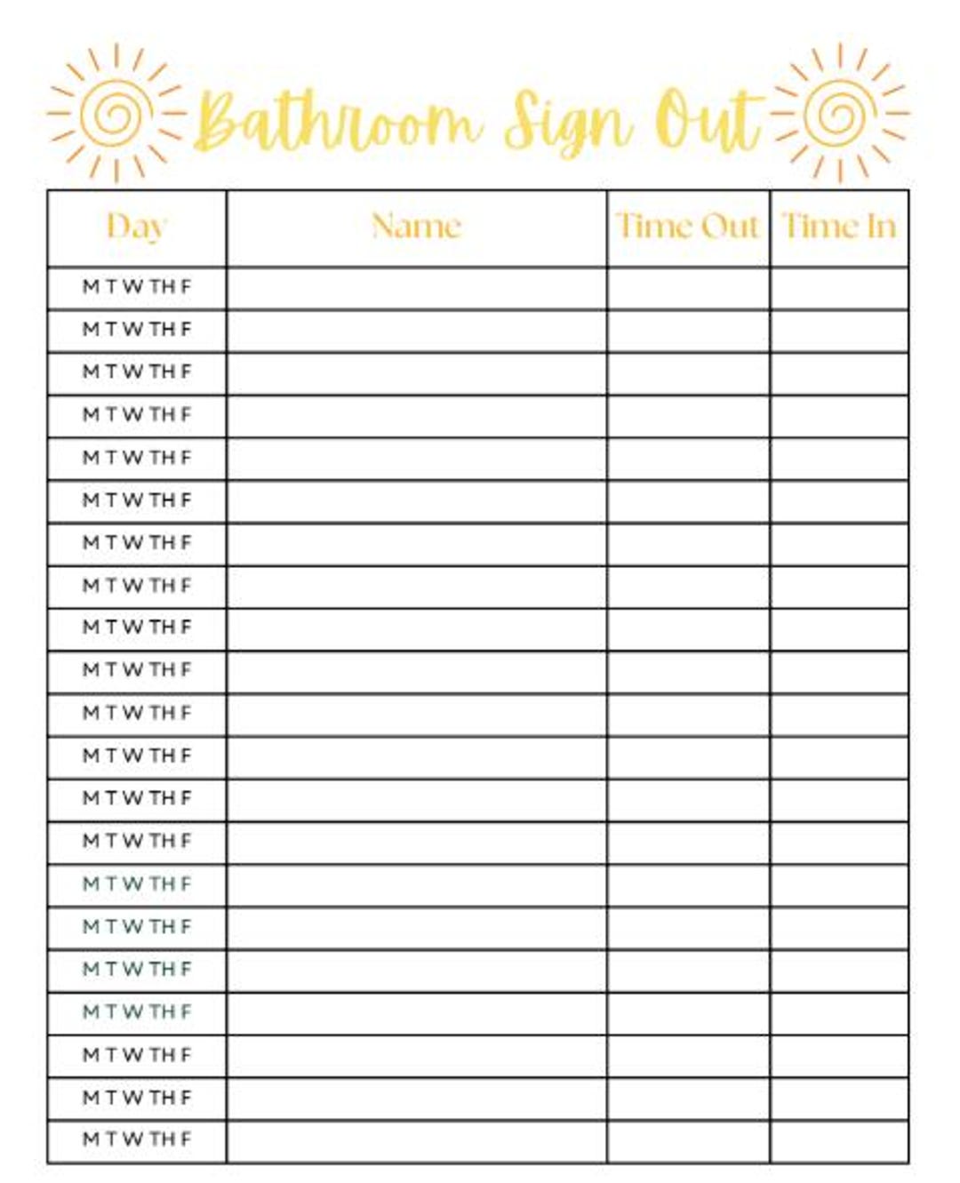 Bathroom Sign Out and in Sheets Restroom Log Printable PDF Printable ...