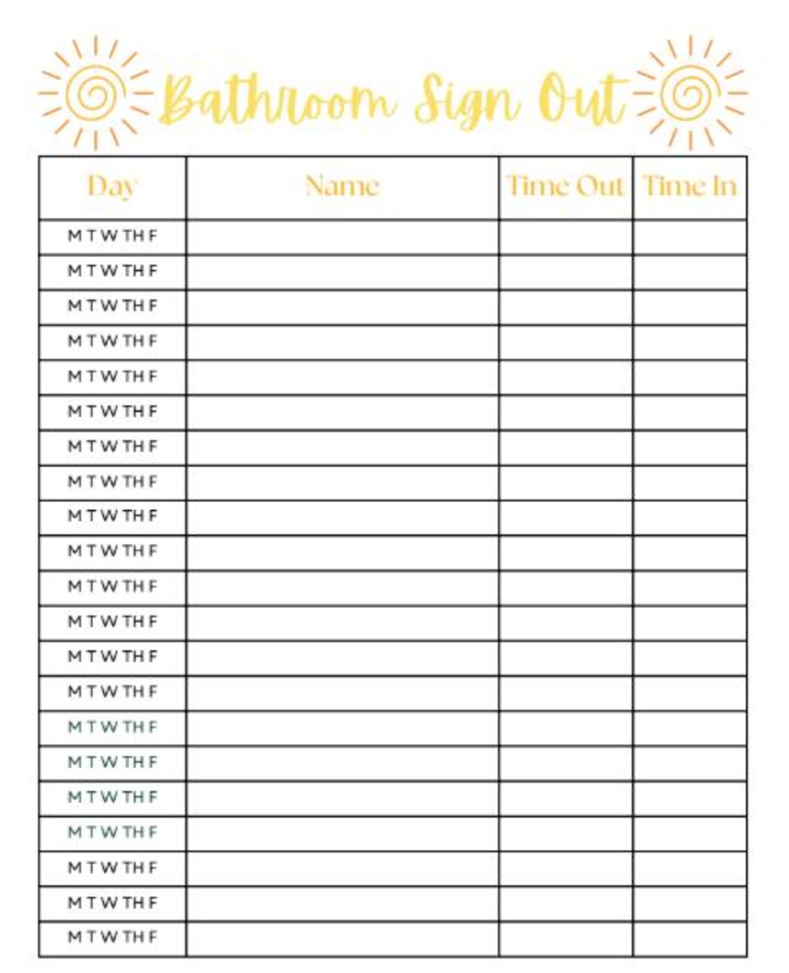 Bathroom Sign Out and in Sheets Restroom Log Printable PDF Printable ...