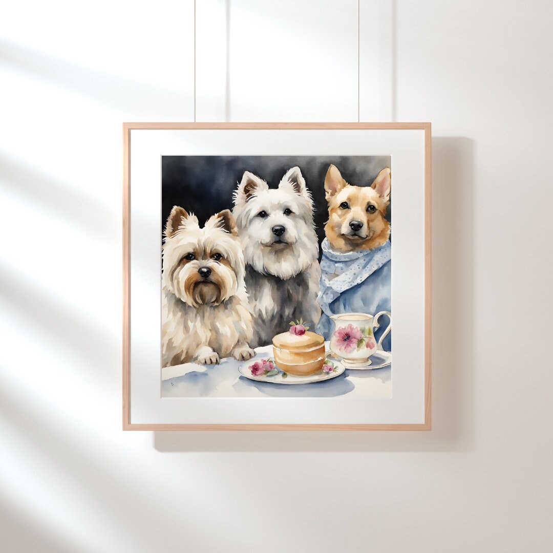 Dog Tea Party Water Color Animals Digital Art Print Kitchen Decor ...