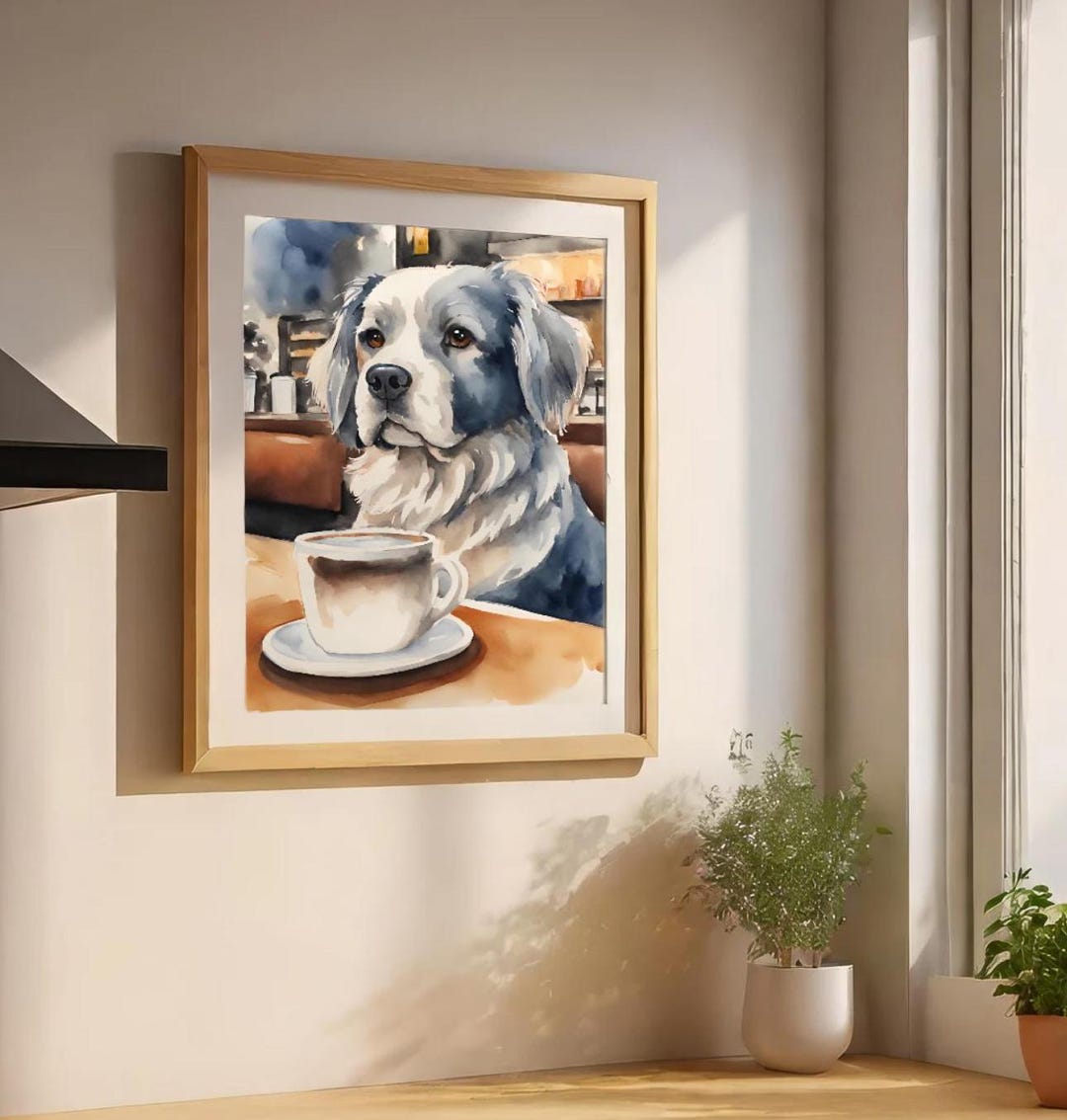 Dog at Coffee Shop Poster Water Color Painting Funny Animal Art Kitchen ...