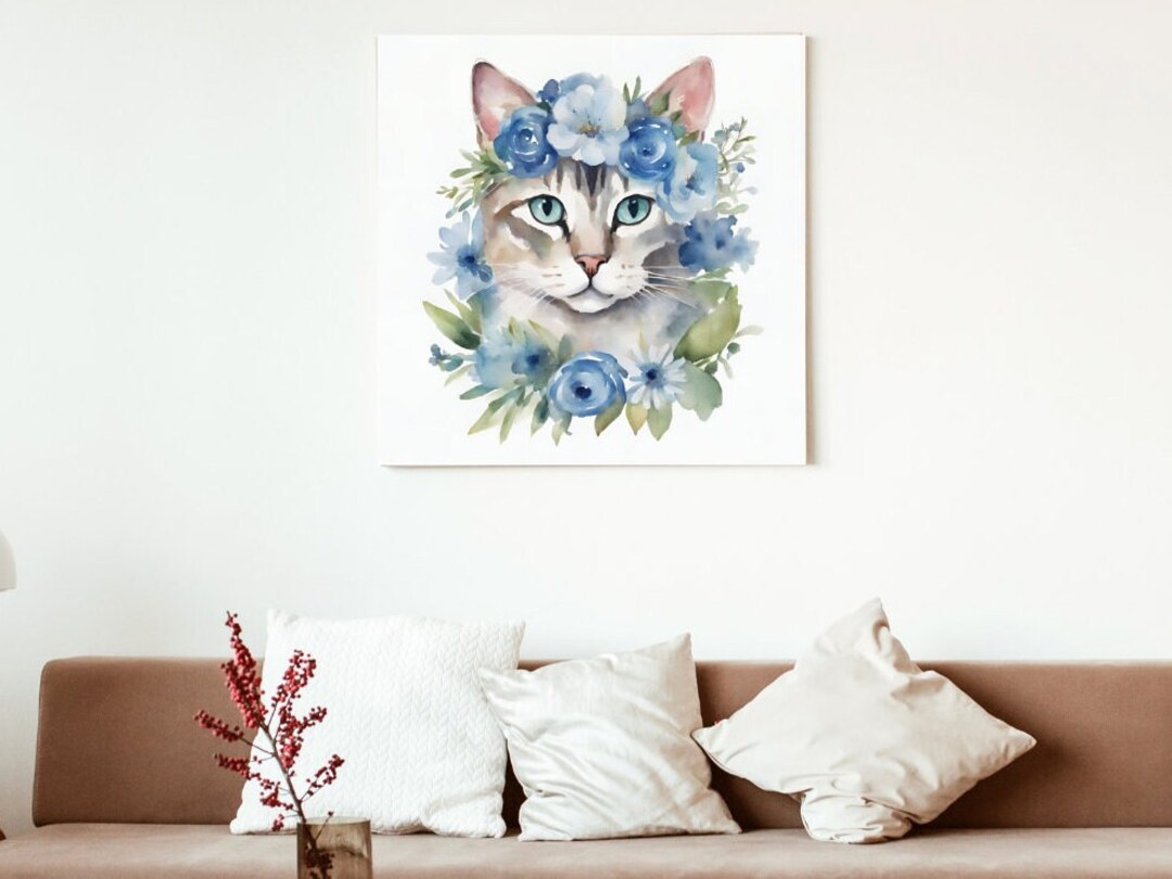 Floral Cat Wall Art Blue Water Color Cute Kitten Living Room Bedroom ...