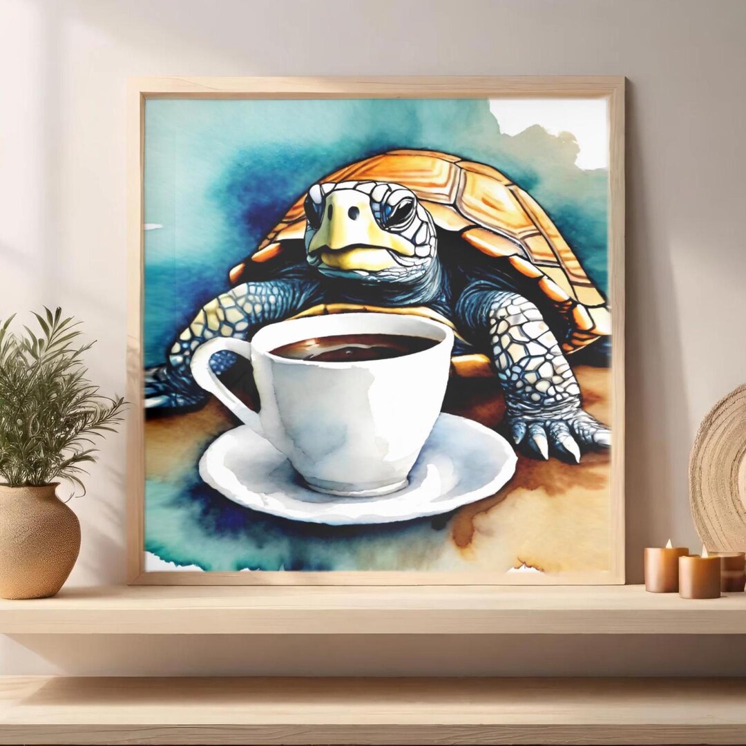 Turtle Coffee Poster Water Color Painting Funny Animal Art Tortuous ...