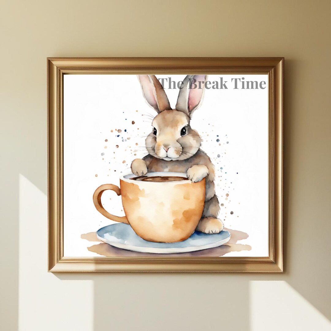 Water Color Bunny Rabbit Drinking Coffee Kitchen Animal Decor Steam ...