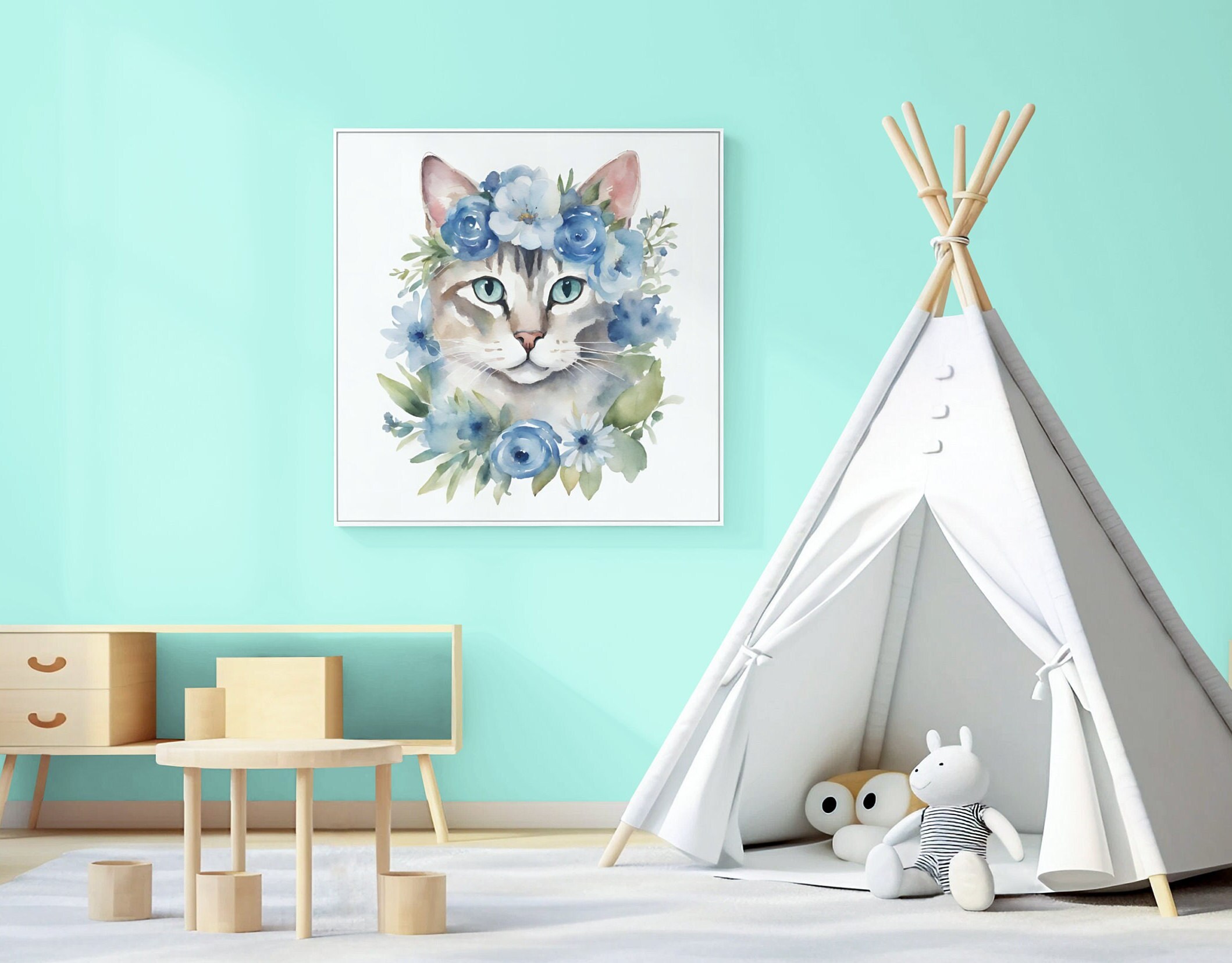 Floral Cat Wall Art Blue Water Color Cute Kitten Living Room Bedroom ...