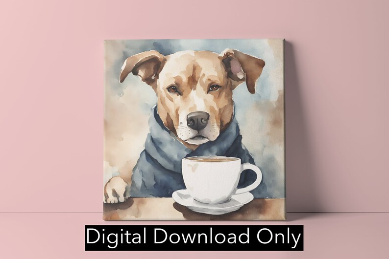 Water Color Dog Drinking Coffee Wall Art Kitchen Living Room Blue Brown ...