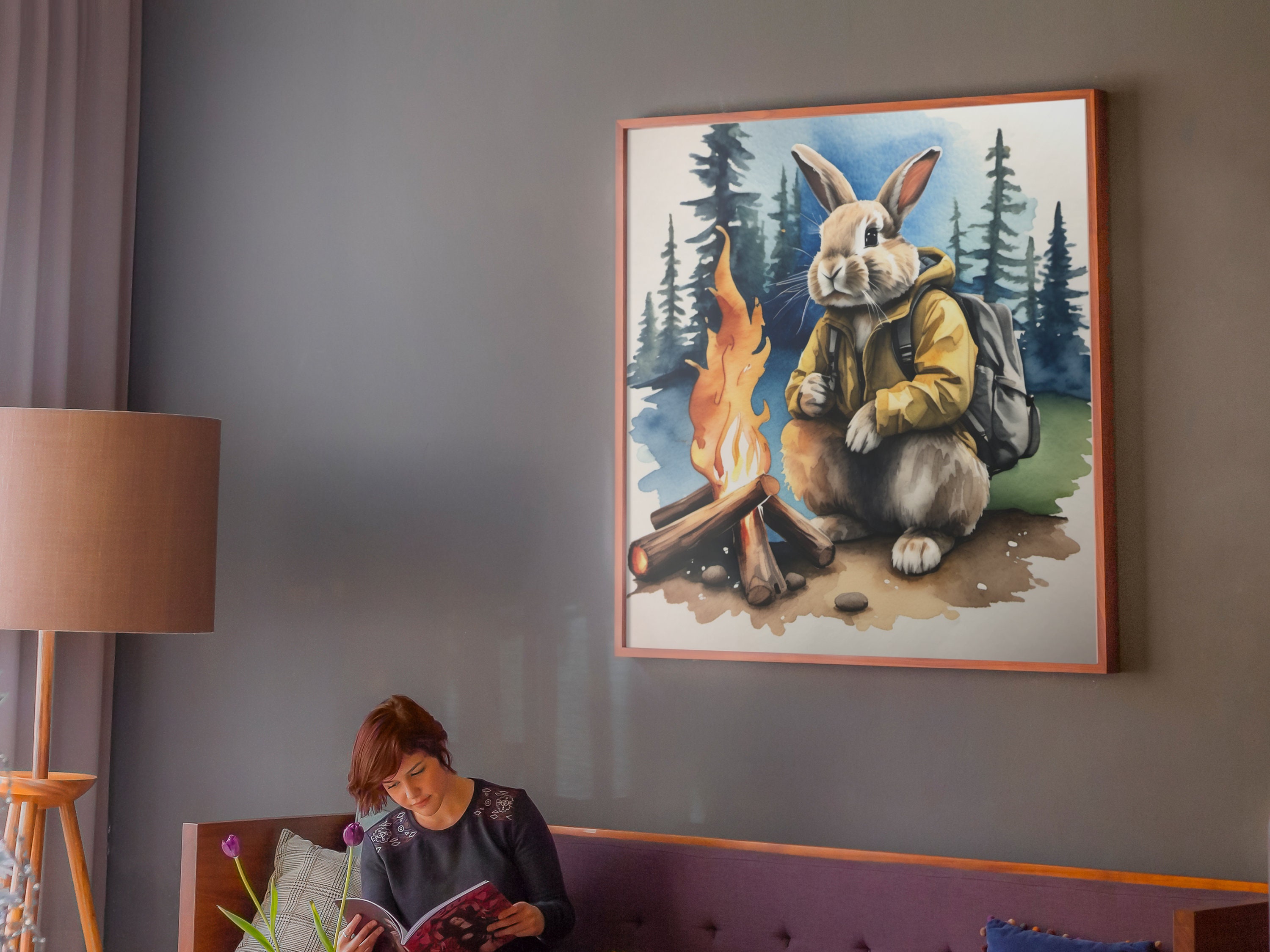 Campfire Bunny Funny Animal Wall Art Rabbit Hiking in Forest Nature ...