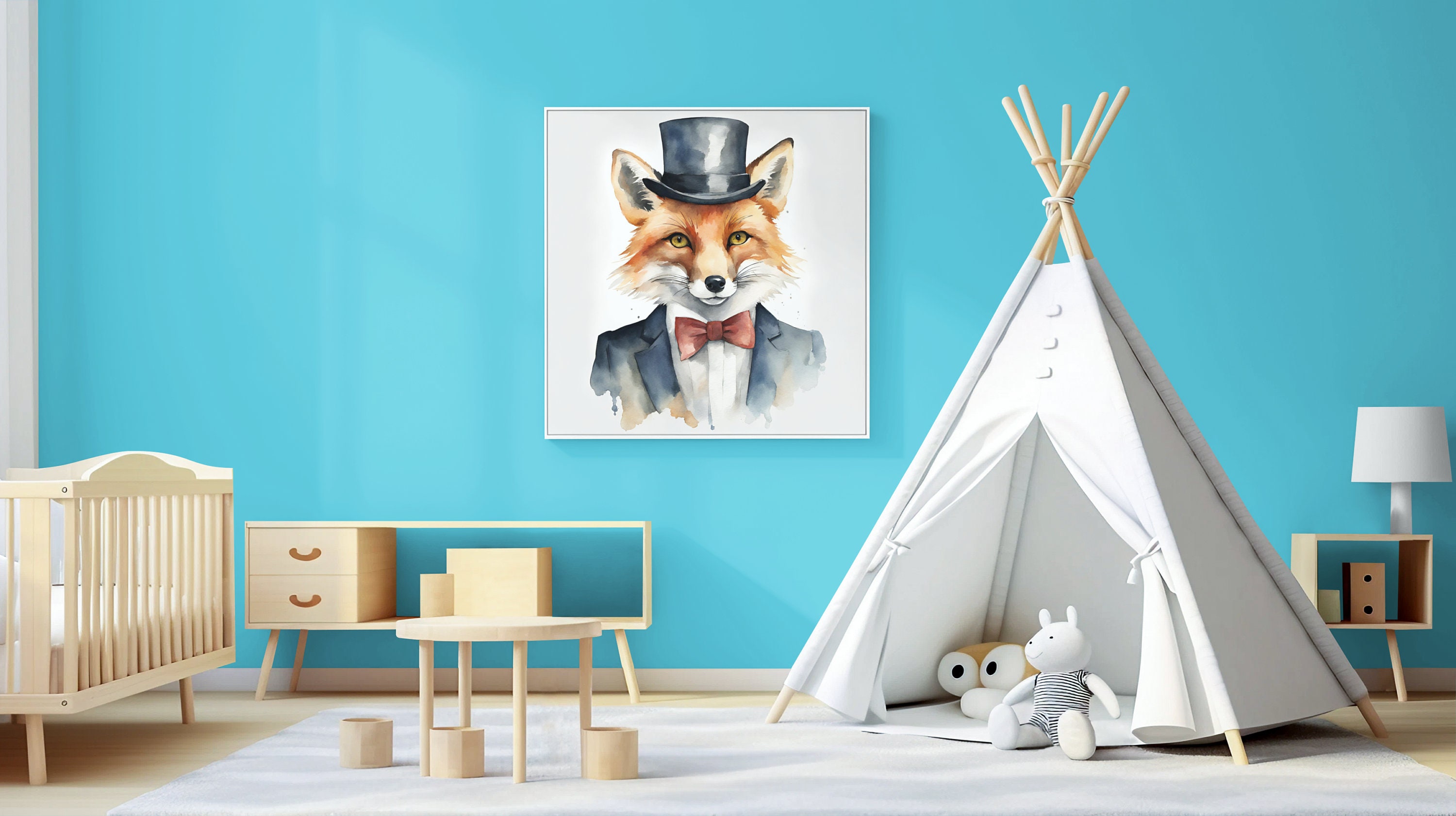 Water Color Fox Adorable Animals Dorm Room Office Decor Fox in Top Hat ...
