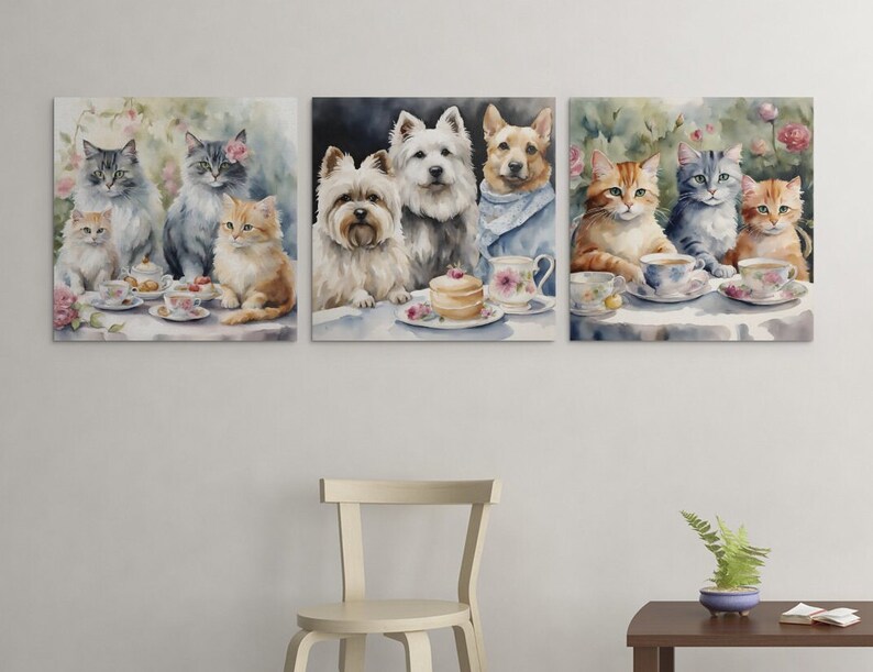 Animal Tea Party 3 Piece Wall Art Set Kittens Cats Puppy Dogs Cute Cats ...