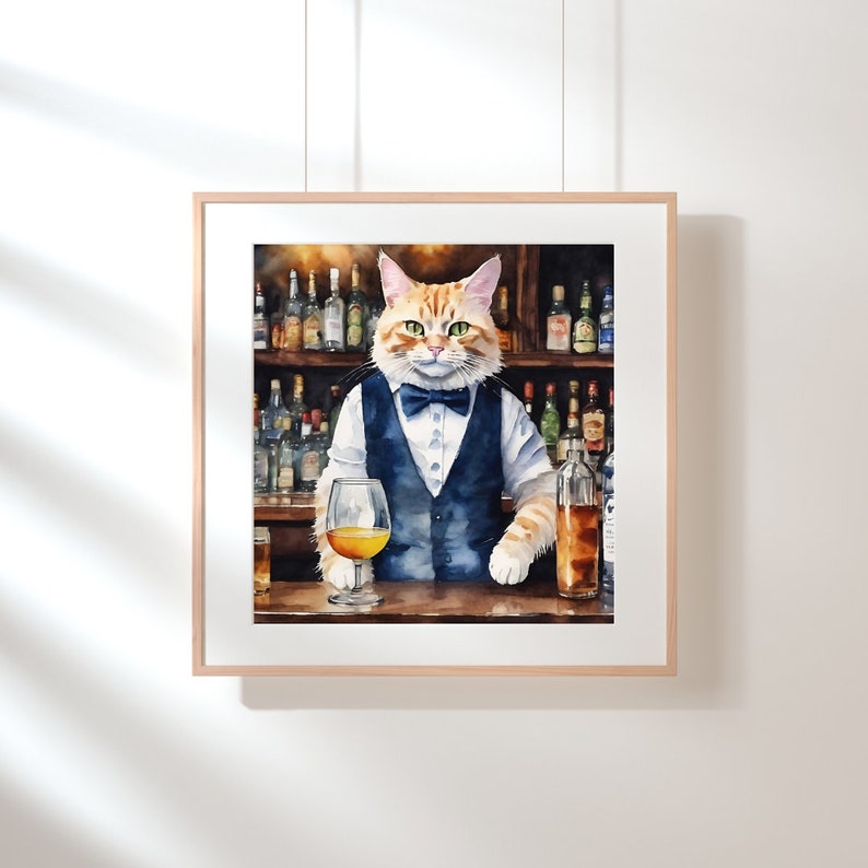 Bartending Cat Funny Animal Art Water Color Digital Art Print Orange ...