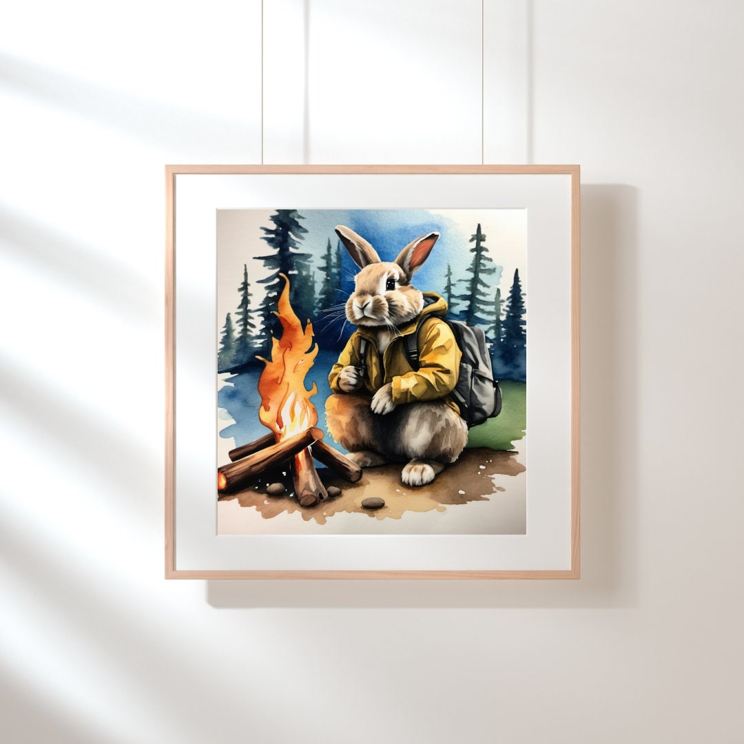 Campfire Bunny Funny Animal Wall Art Rabbit Hiking in Forest Nature ...