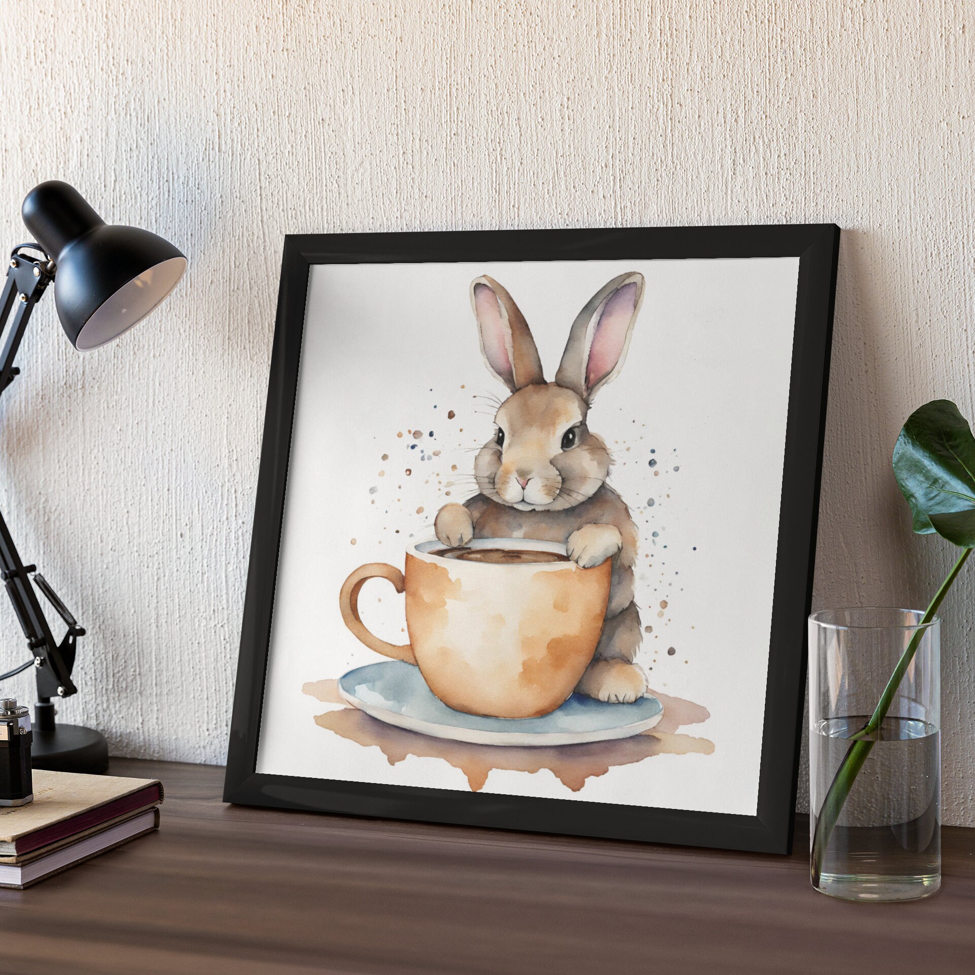 Water Color Bunny Drinking Coffee Wall Art Kitchen Office Decor Steam ...