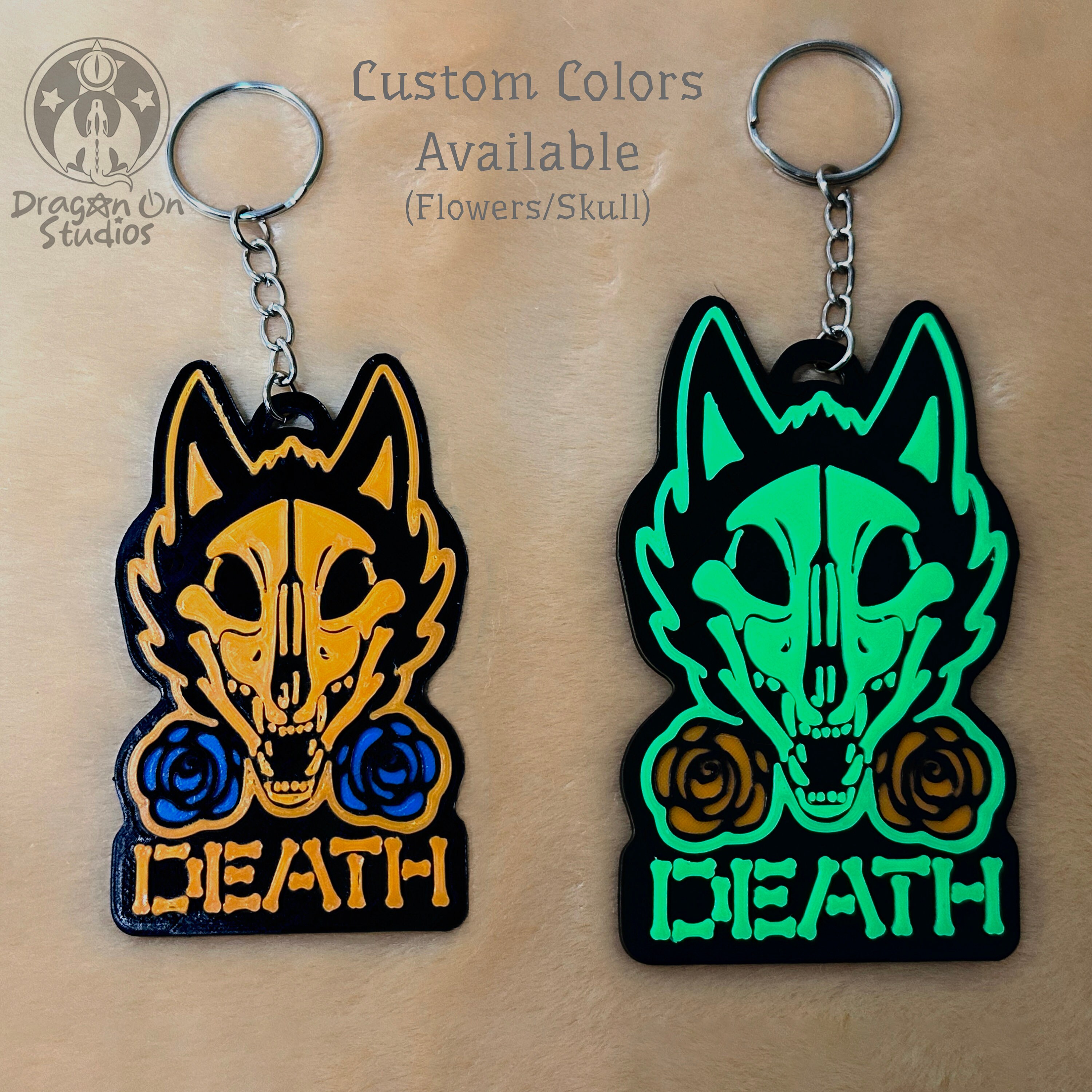 Death and Roses 3D Printed Skull Dog Keychains Custom Colors and Glow ...
