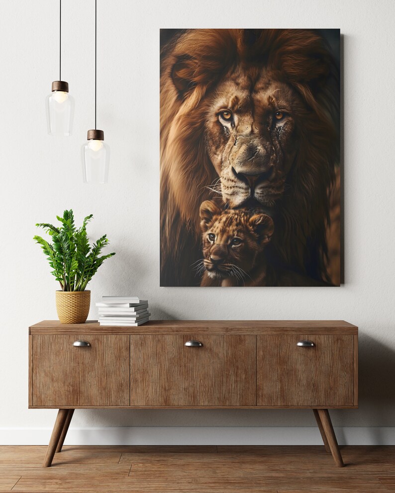 Lion and Cub Canvas Wall Art, Lion Cub Poster Print, Lion Wall Hang ...
