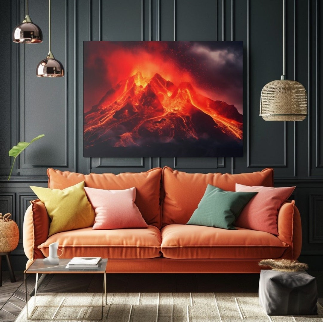 Volcano Eruption Canvas, Lava Coming Down From Volcano Artwork, Red ...