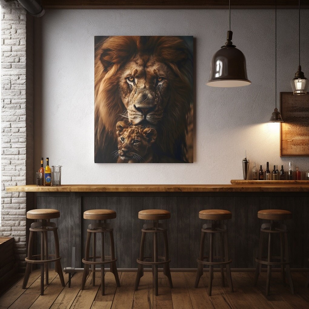 Lion and Cub Canvas Wall Art, Lion Cub Poster Print, Lion Wall Hang ...