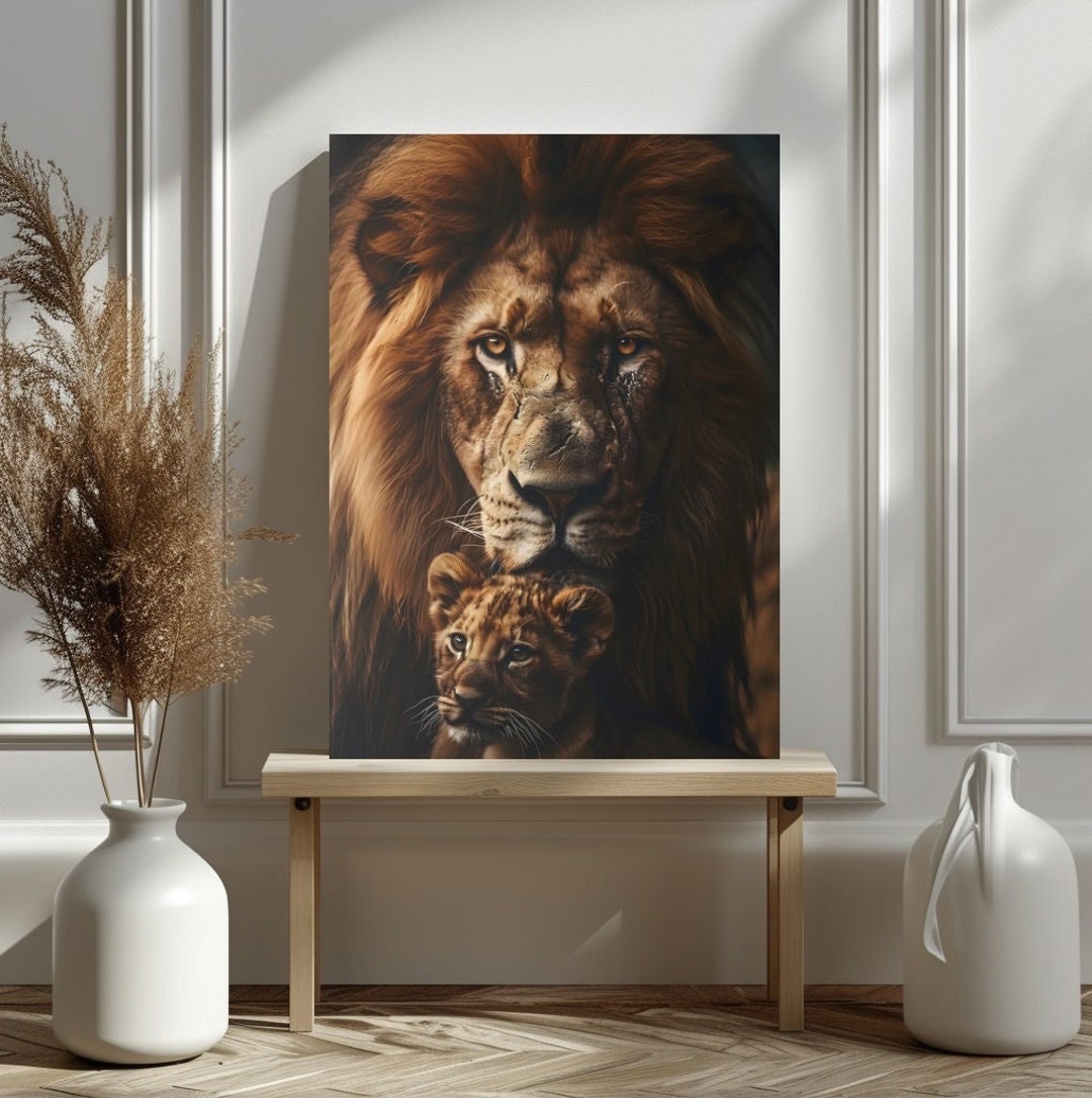 Lion and Cub Canvas Wall Art, Lion Cub Poster Print, Lion Wall Hang ...