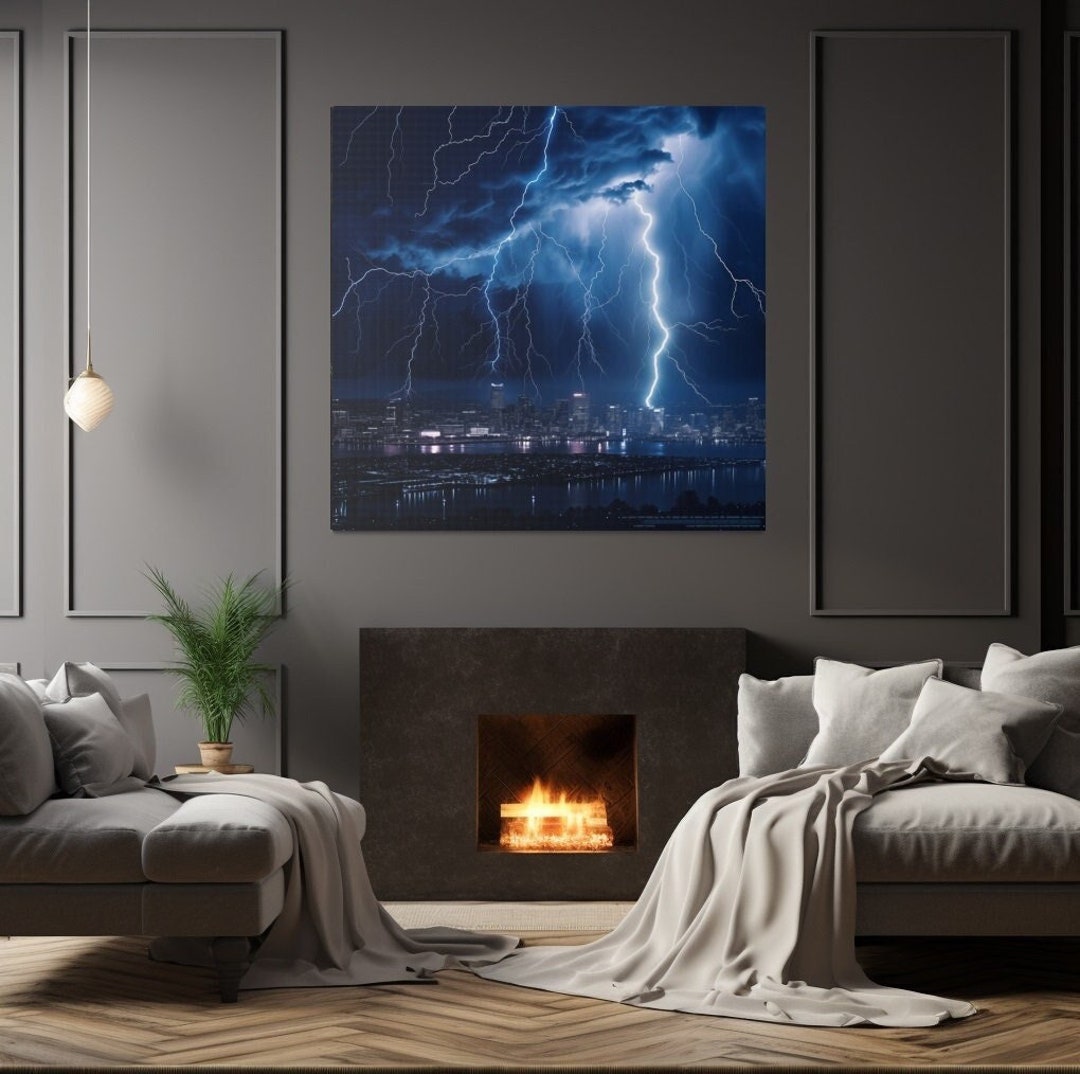 Lightning Over City Canvas, Lightning Wall Decor, Ready to Hang Poster ...