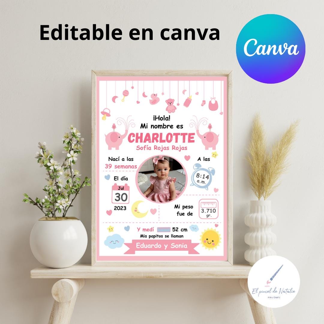 Editable Baby Birth Poster, Gift for Newborn Girl, Editable Baby Birth ...