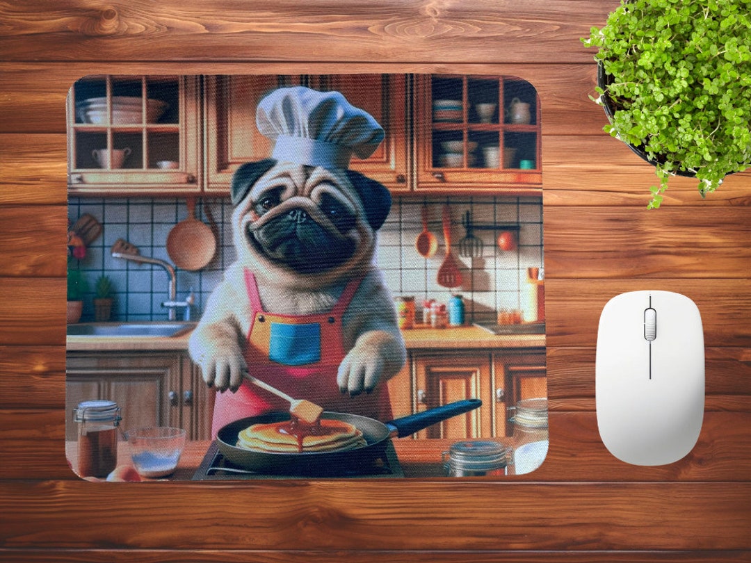 Charming Pug Chef Mousepad Adorable Dog Cooking Pancakes, Quirky ...