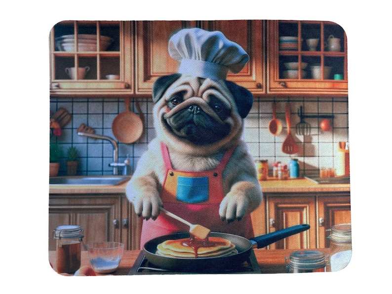 Charming Pug Chef Mousepad Adorable Dog Cooking Pancakes, Quirky ...