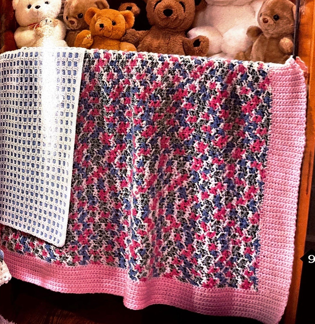 Retro Crochet Pattern Three Baby Blankets Afghan Variegated Blue Blocks ...