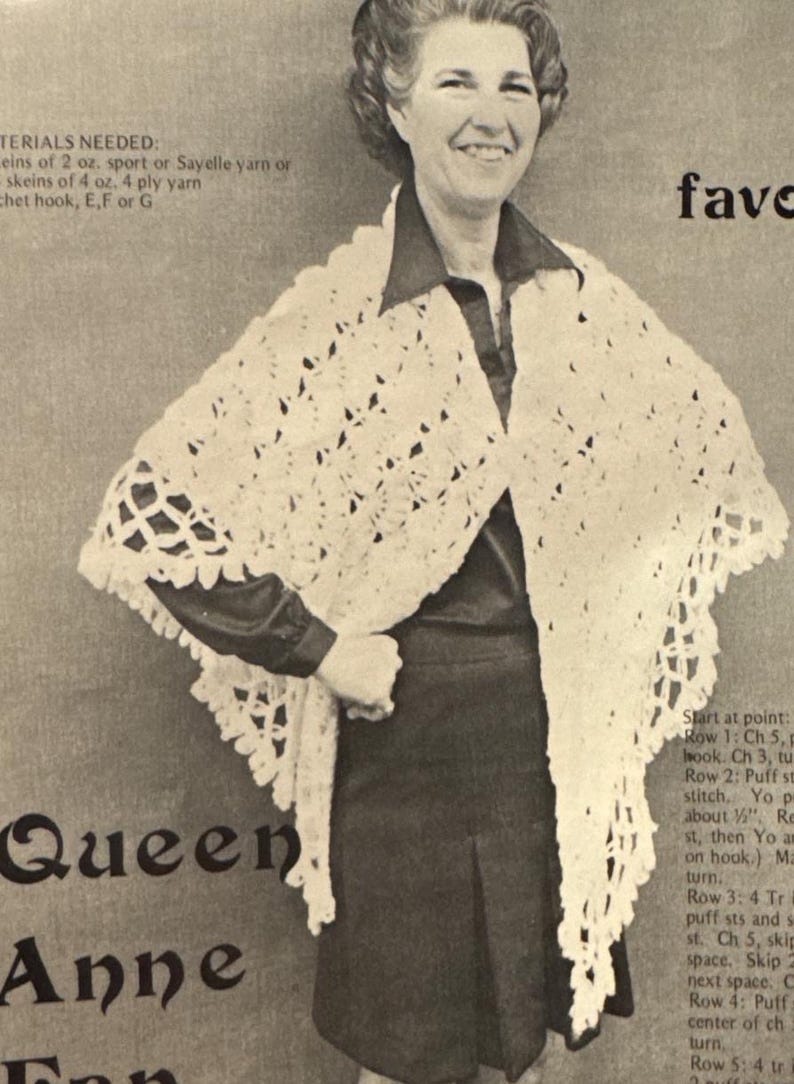 Retro CROCHET Pattern 1970s Queen Anne Fan Puff Shell Shawl Cape Chunky ...