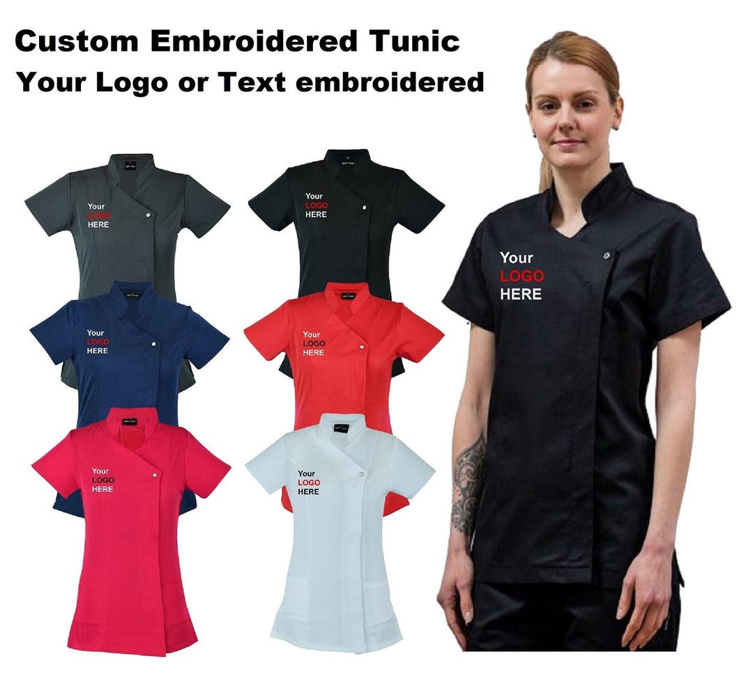 Custom Embroidered Ladies Blossom Short Sleeve Tunic | Beauty Salon ...