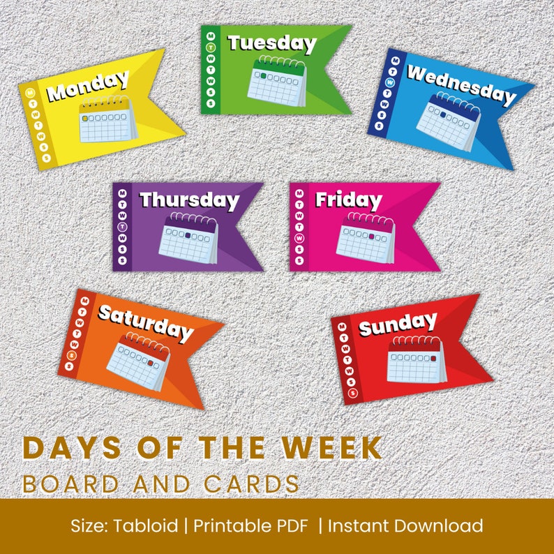Children's Teaching Cards, Days of the Week in English, Preschool ...