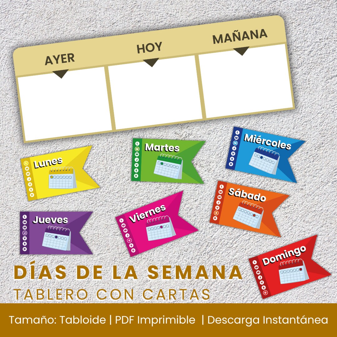 Children's Teaching Cards, Days of the Week in Spanish, Vocabulary for ...