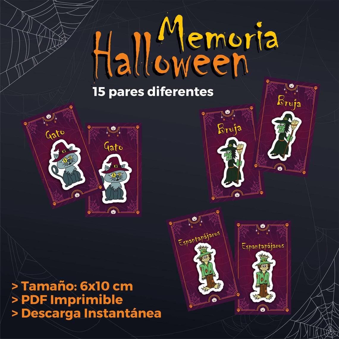 Halloween Memory Game in Spanish, Kids Game, Printable Halloween, 15 ...