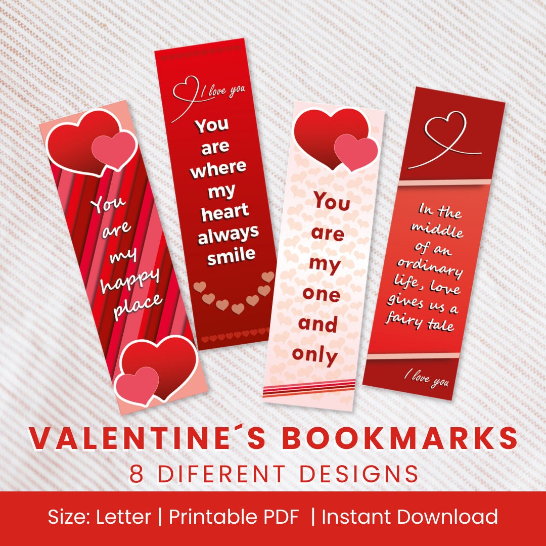 Valentine's Day Bookmark | 8 Different Designs | Printable PDF With ...