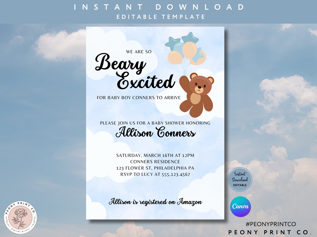 Boy Beary Excited Baby Shower Invitation Template, Baby Boy Teddy Bear ...