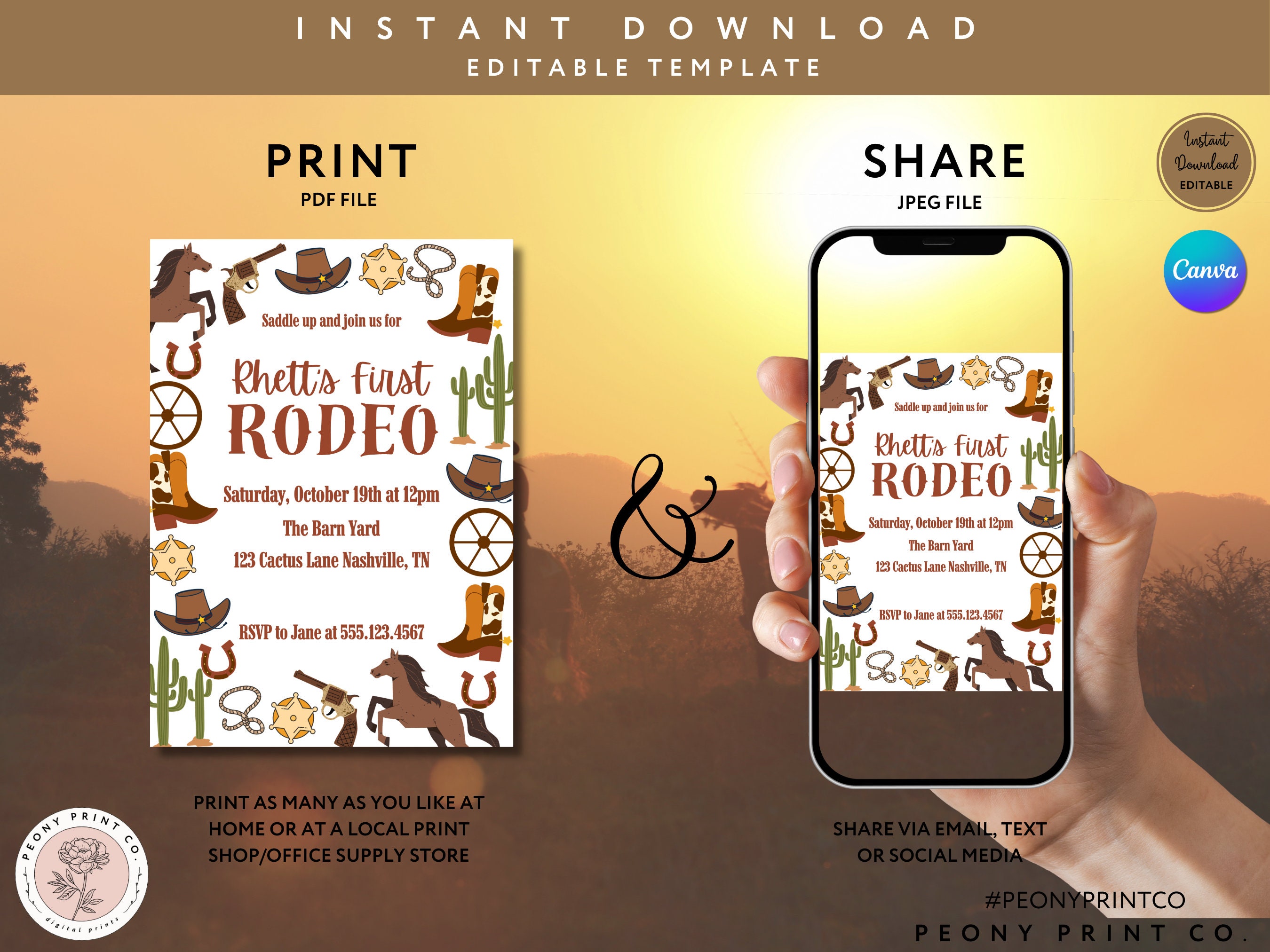 Boy First Rodeo Birthday Invitation Template, Cowboy Birthday Theme ...