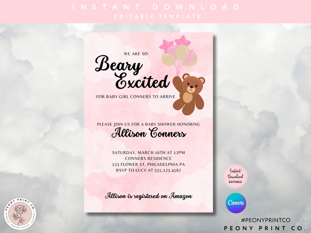 Girl Beary Excited Baby Shower Invitation - Etsy