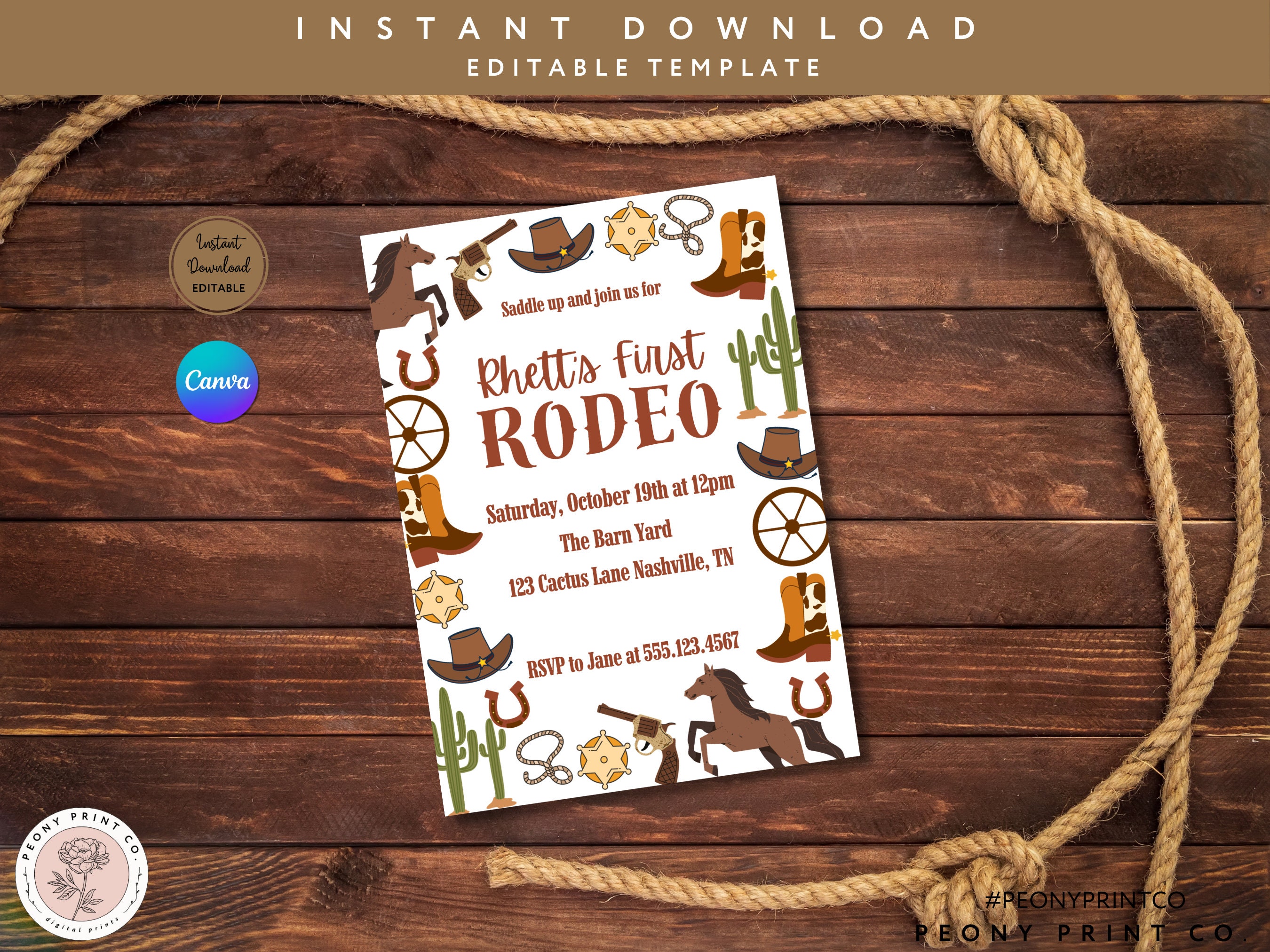 Boy First Rodeo Birthday Invitation Template, Cowboy Birthday Theme ...