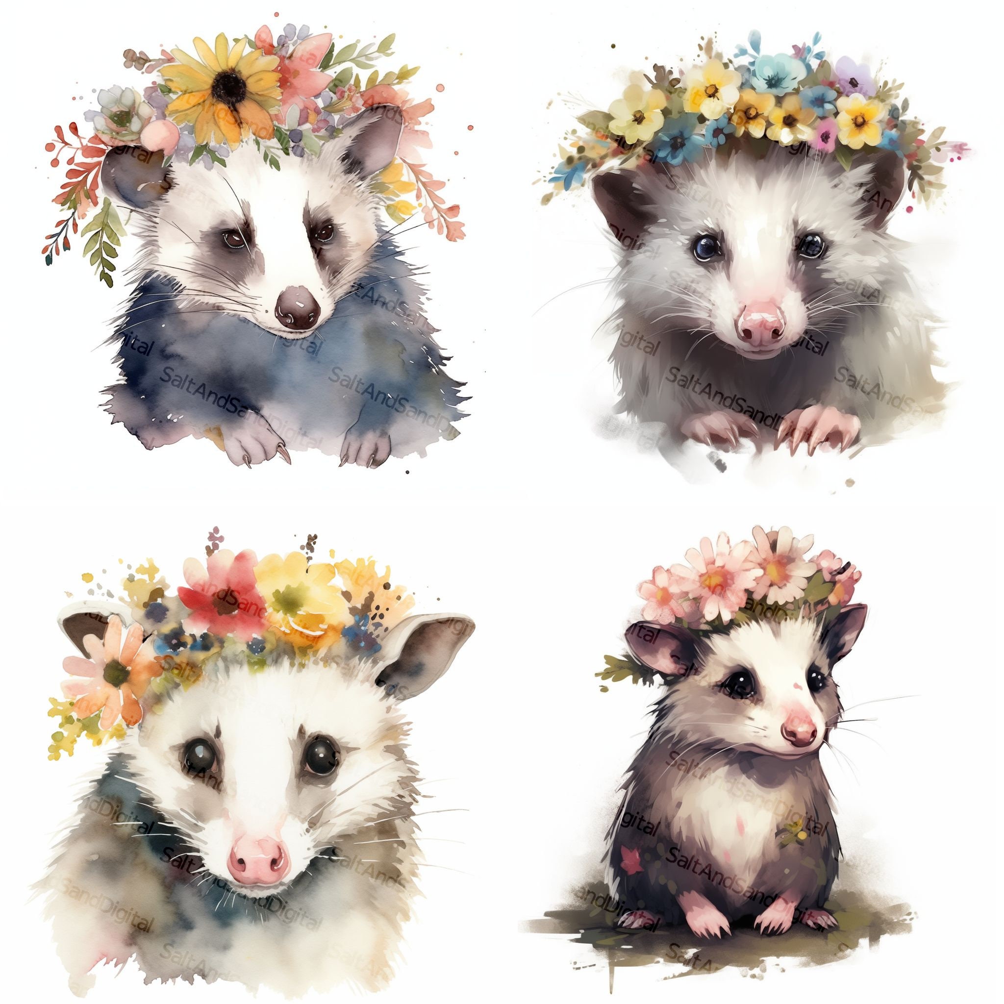 Clipart Watercolor Racoon Skunk & Opossum Wearing Flower Crowns Jpg's ...