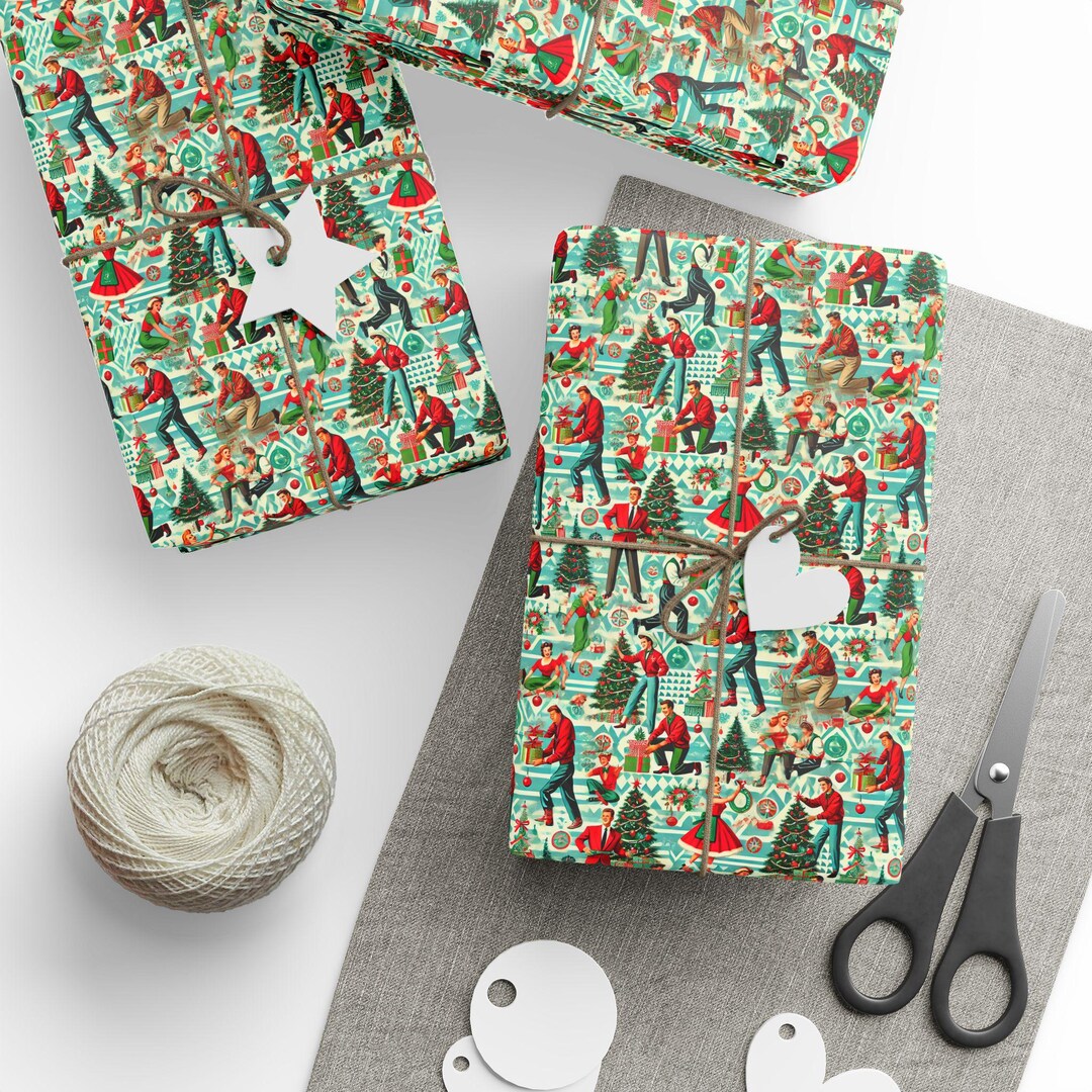 Wrapping Papers, Mid-century Holiday Gift Wrap, 1950s Characters in Red ...