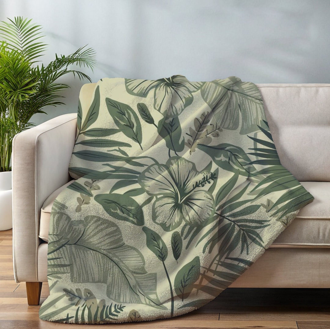 Tropical Leaves Blanket, Hibiscus Flower Design, Cozy Throw, Botanical ...