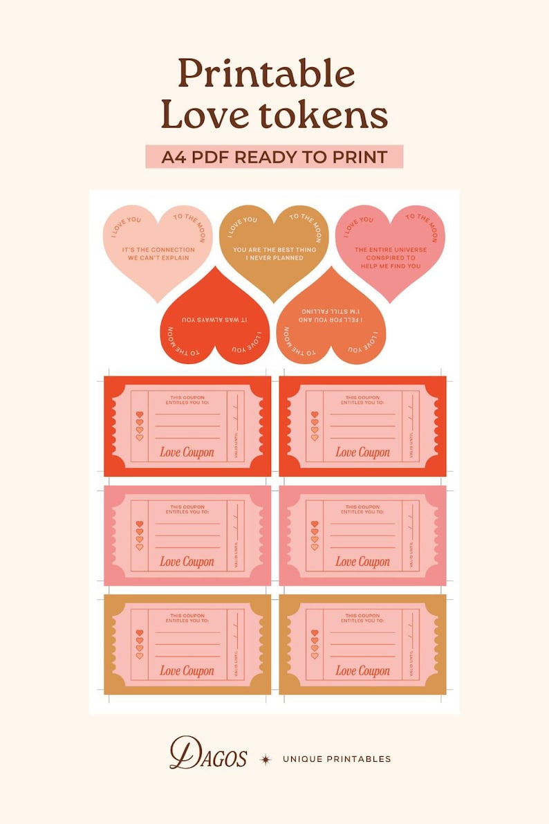 Printable Valentines Hearts and Coupons, DIY Love Tokens, DIY ...