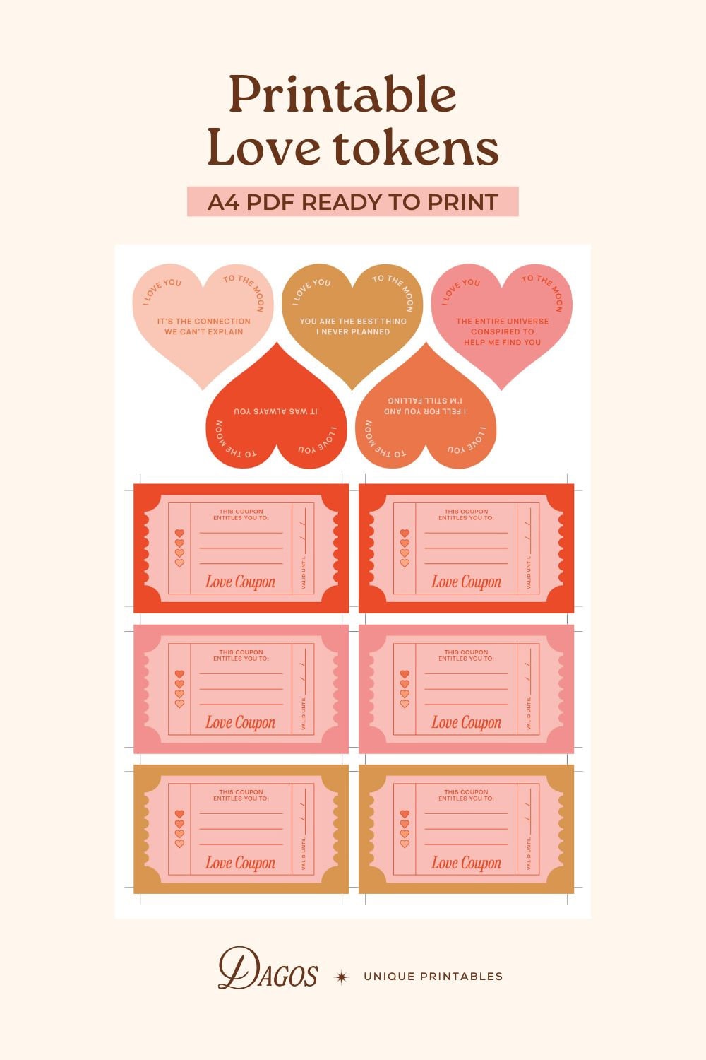 Printable Valentines Hearts and Coupons, DIY Love Tokens, DIY ...