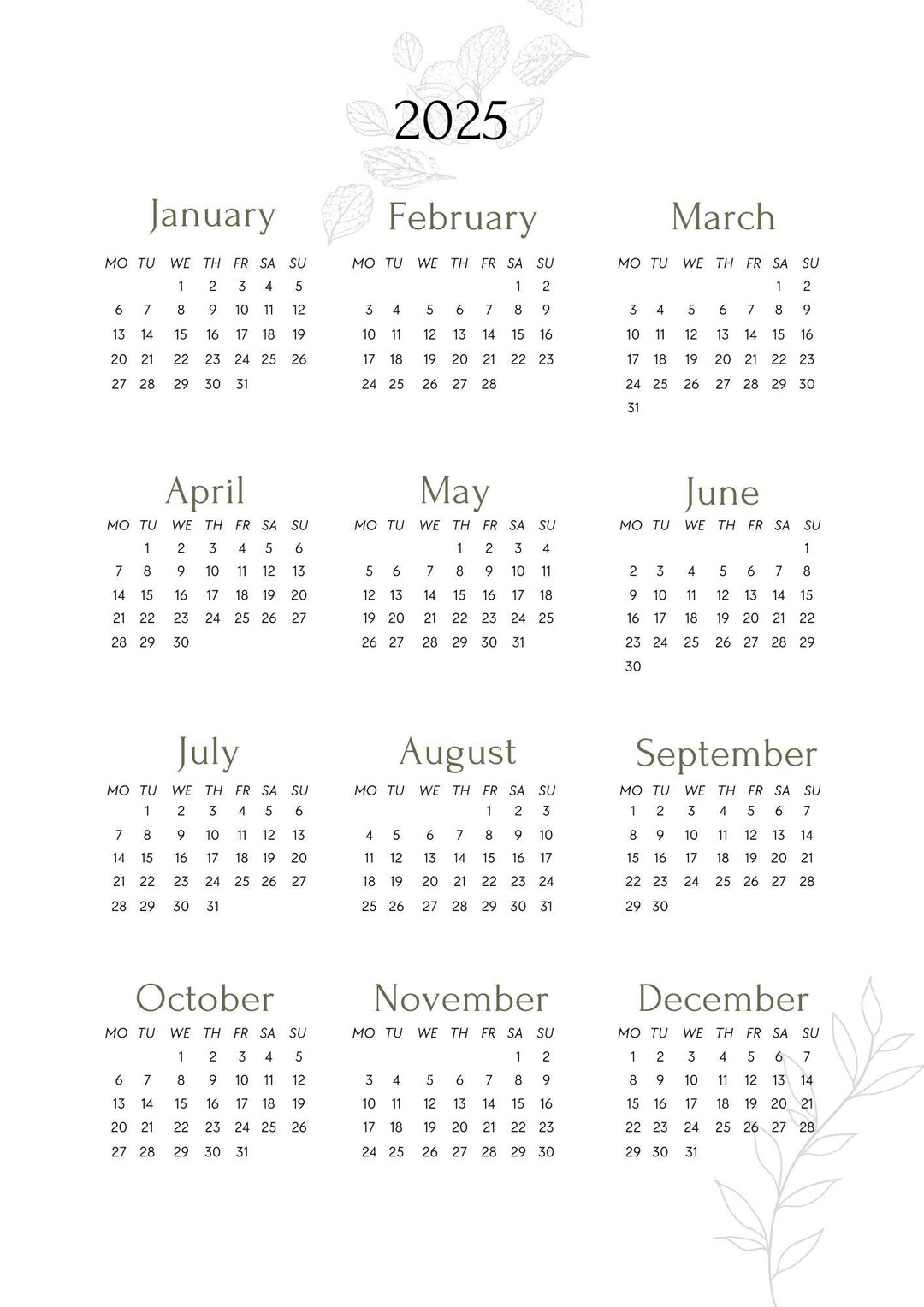 Minimalist 2025 Calender Simplicity Grey Shades Modern With Floral and ...