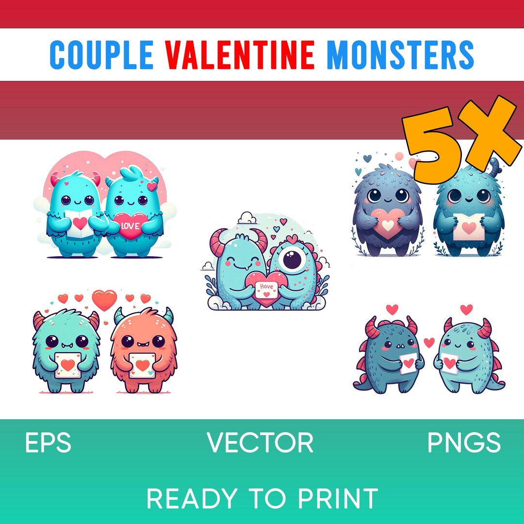 Monster Couple Clipart, Valentine's Day PNG Set, Cute Watercolor ...