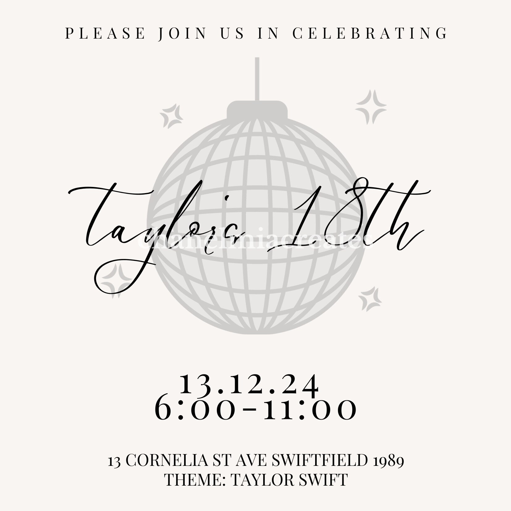 Taylor Swift Mirrorball Discoball Inspired Party Invitation Template ...
